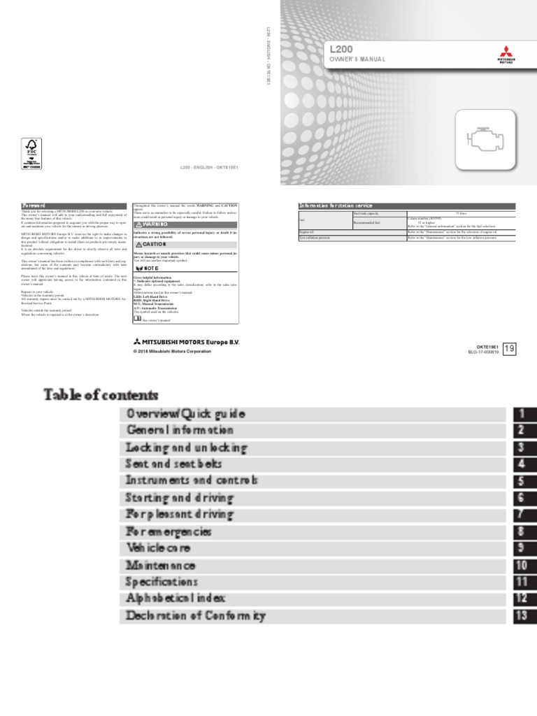19MY - L200 Owners Manual | PDF | Diesel Engine | Manual Transmission