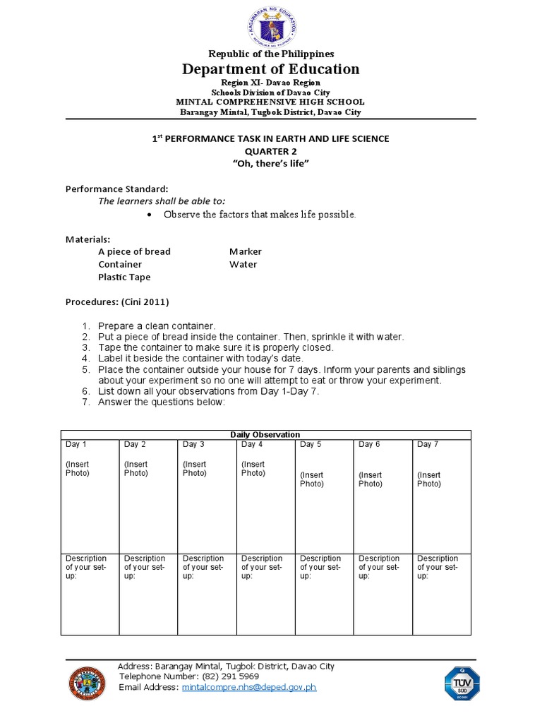 1st Performance Task q2 Els | PDF | Experiment | Observation