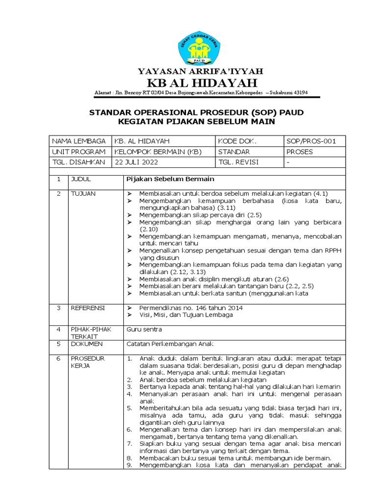 Sop Paud Kegiatan Pijakan Sebelum Main | PDF | Karier & Perkembangan ...