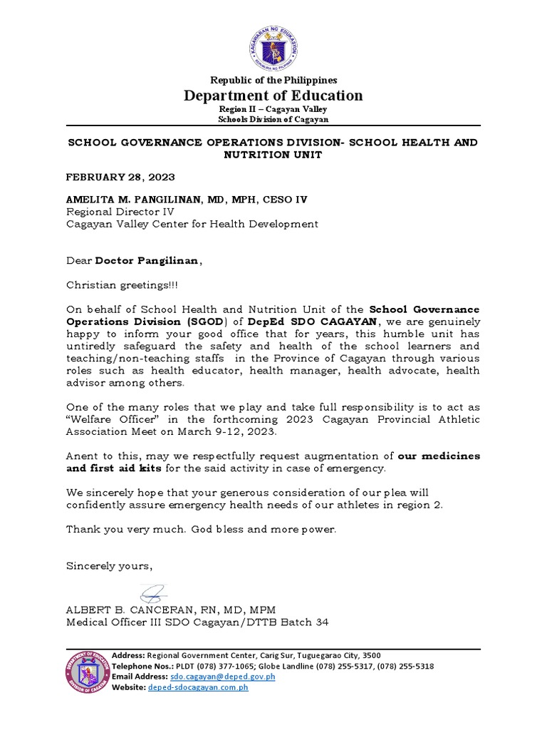 Request Letter To Doh For Augmentation of Meds First Aid Kits | PDF