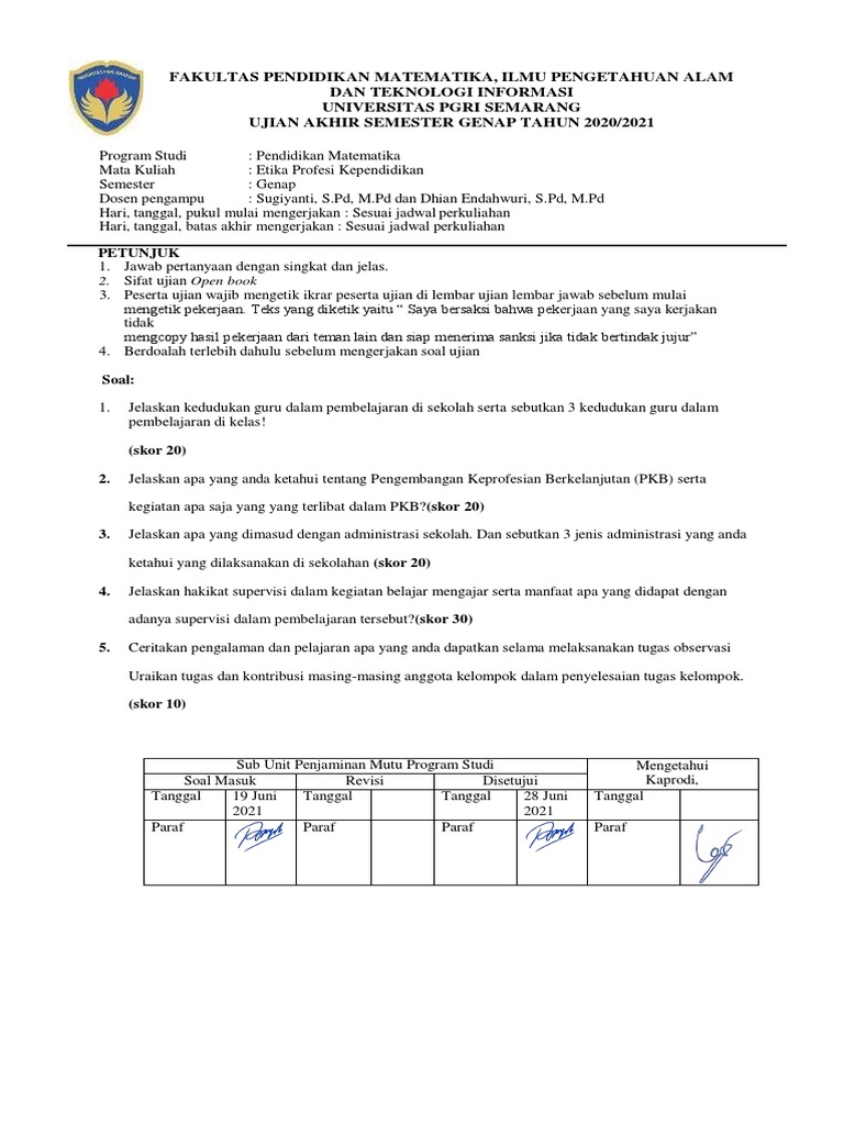 Soal Uas Etika Profesi Kependidikan 2021 | PDF
