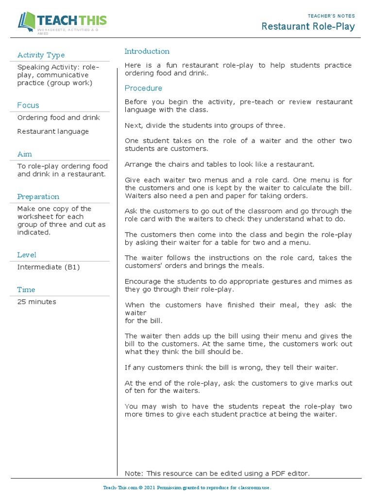 Restaurant Role-Play | PDF | Waiting Staff | Menu
