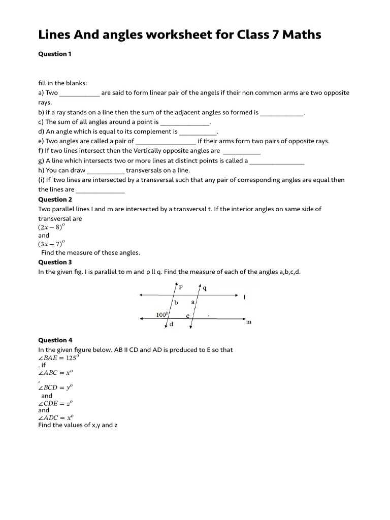 Lines and Angles Worksheet For Class 7 Maths | PDF | Angle | Geometry