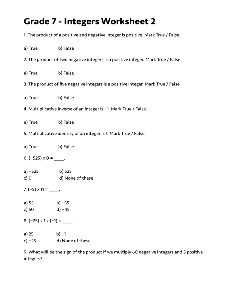 Grade-7 Integers Worksheets | PDF | Multiplication | Integer