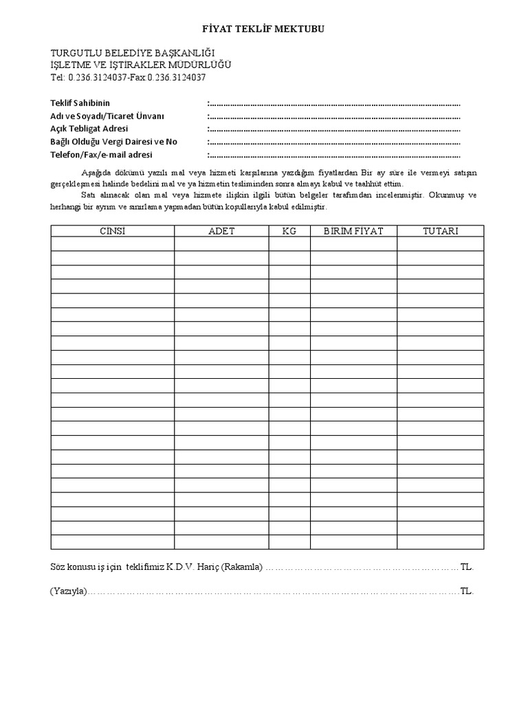 Fiyat Teklifi Boş | PDF