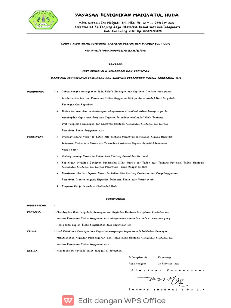 SK Tntang Upk2b Peningkatan Kesehatan Dan Sanitasi PESANTREN | PDF