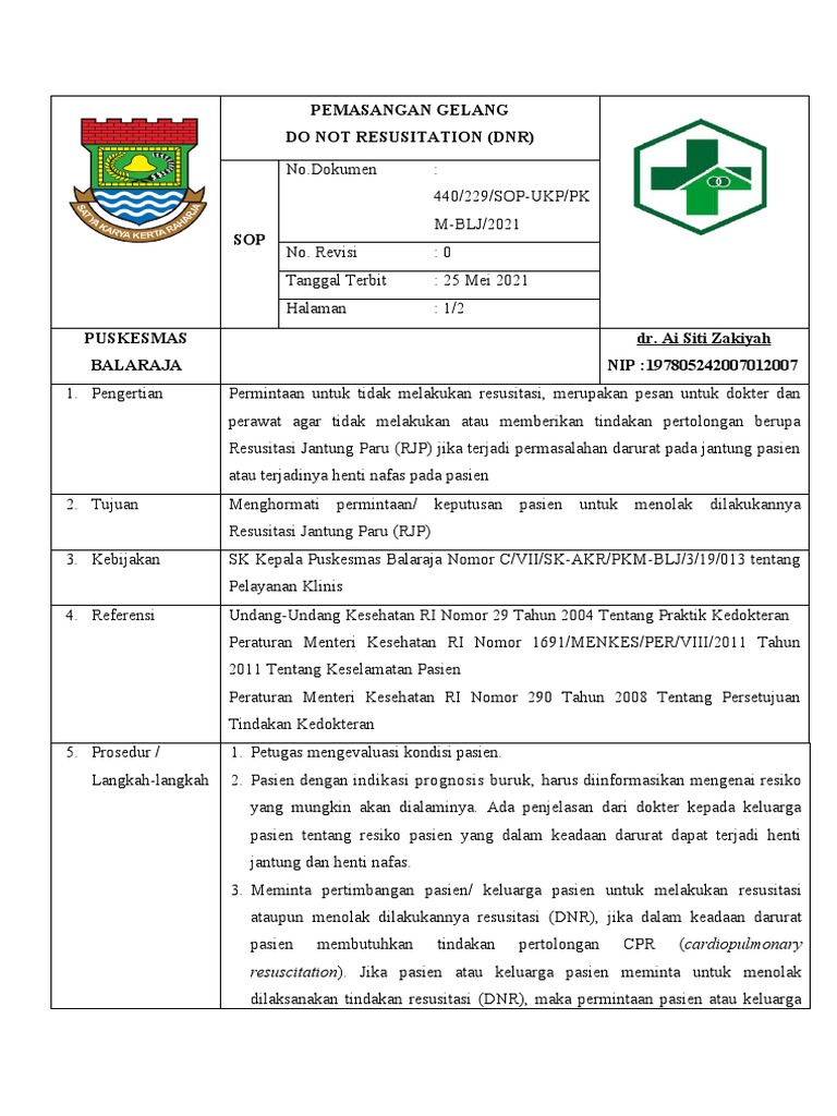 Prosedur Pemasangan Gelang DNR | PDF