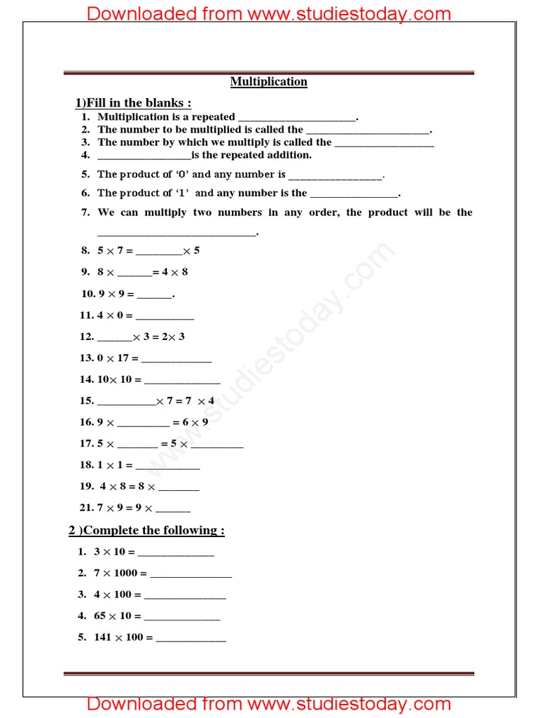 CBSE Class 3 Mathematics - Multiplication 2 | PDF | Multiplication ...