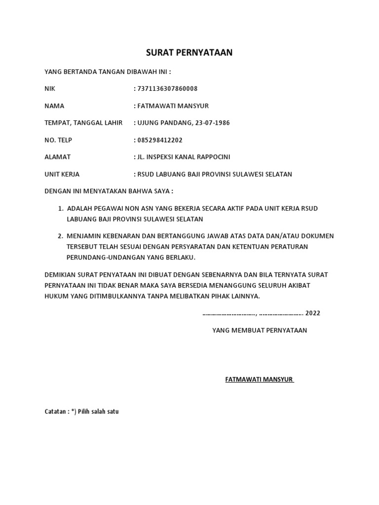 Surat Pernyataan Non Asn | PDF