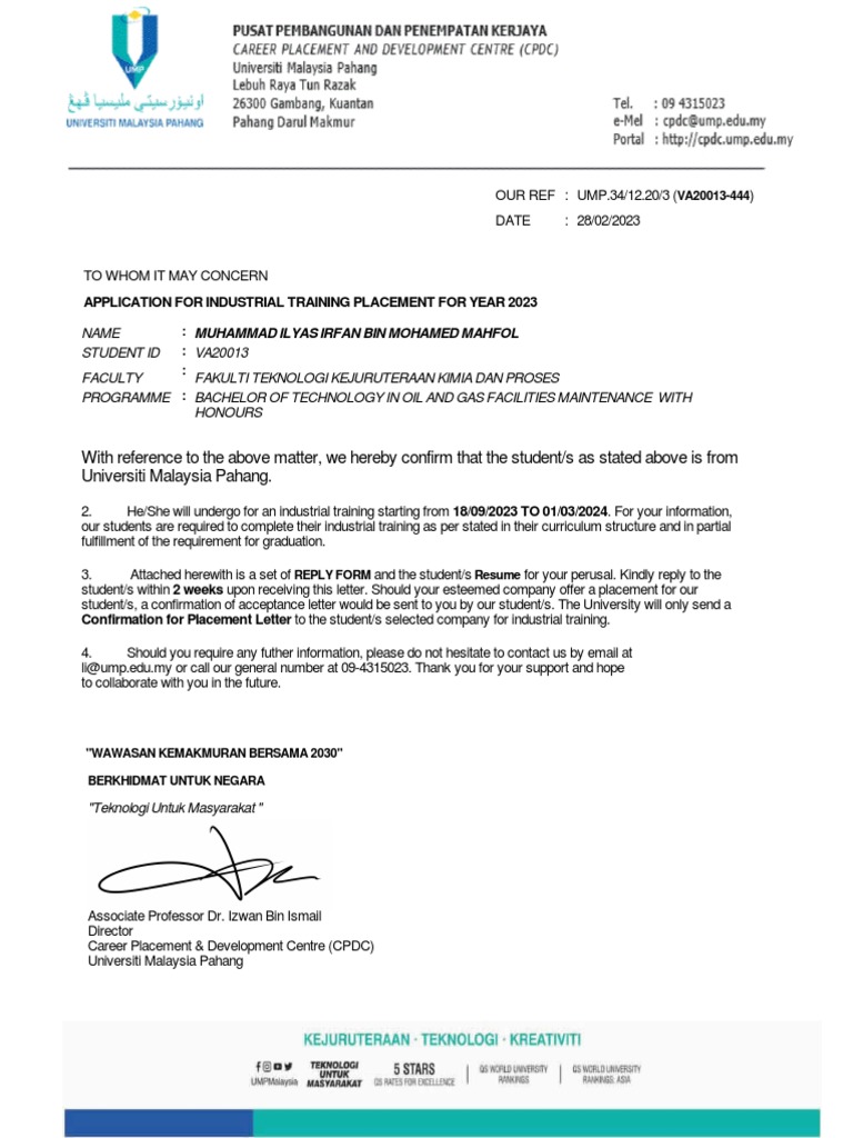 Cover Letter UMP | PDF