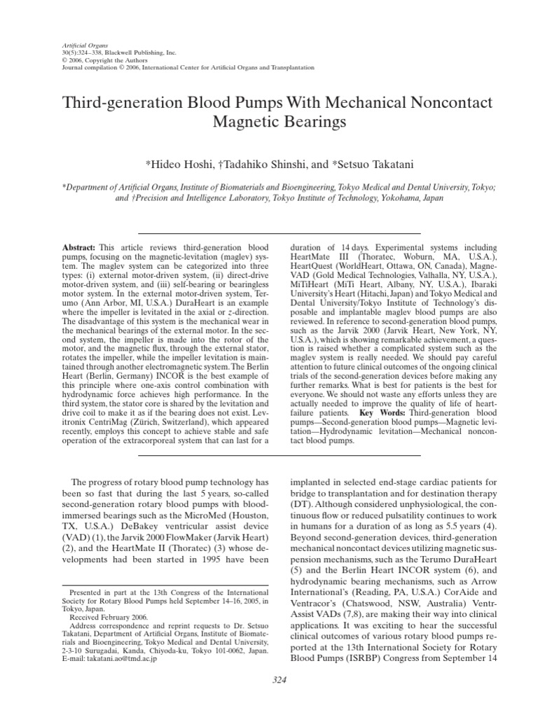 Third-Generation Blood Pumps With Mechanical Noncontact Magnetic Bearings | Download Free PDF ...