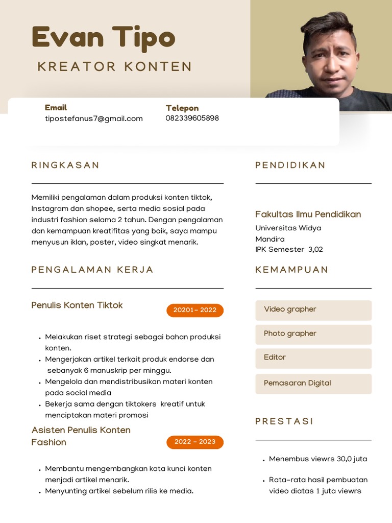 CV Resume Conten Cretor Evan Tipo | PDF | Bisnis | Ilmu Sosial