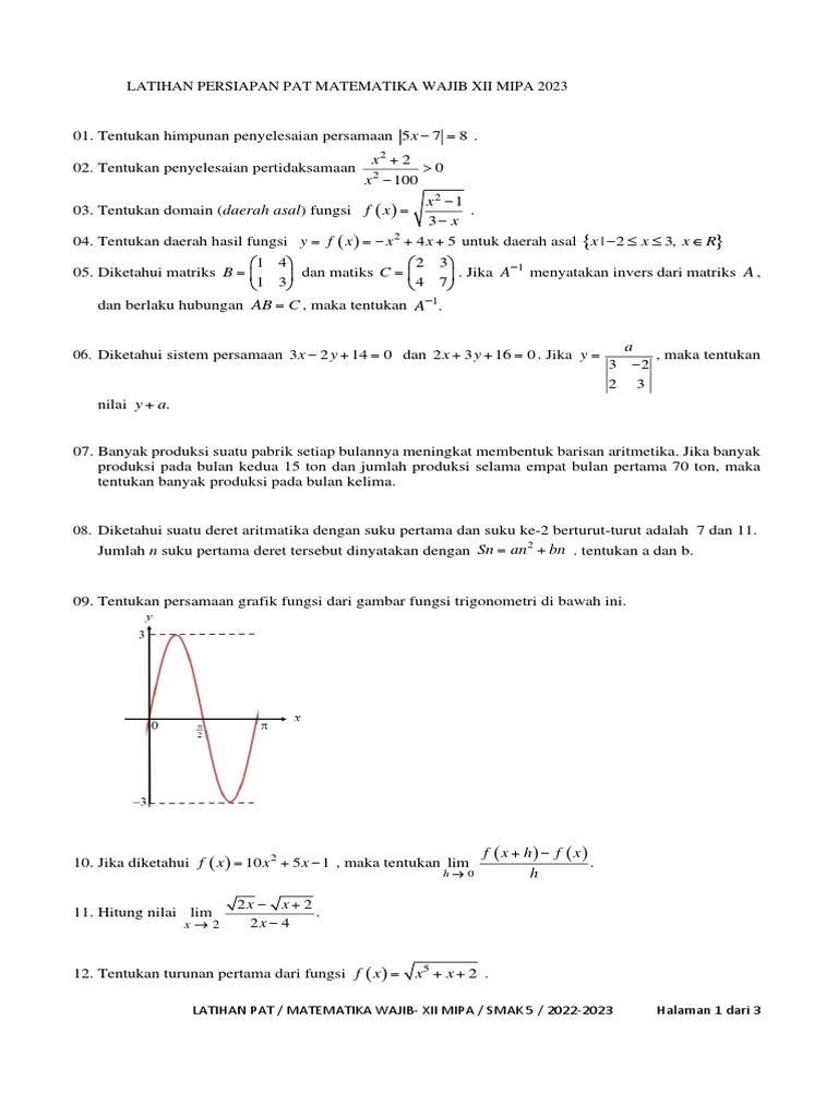 Latihan Pelengkap Persiapan Pat Matematika Wajib Xii Ipa 2022-2023 | PDF