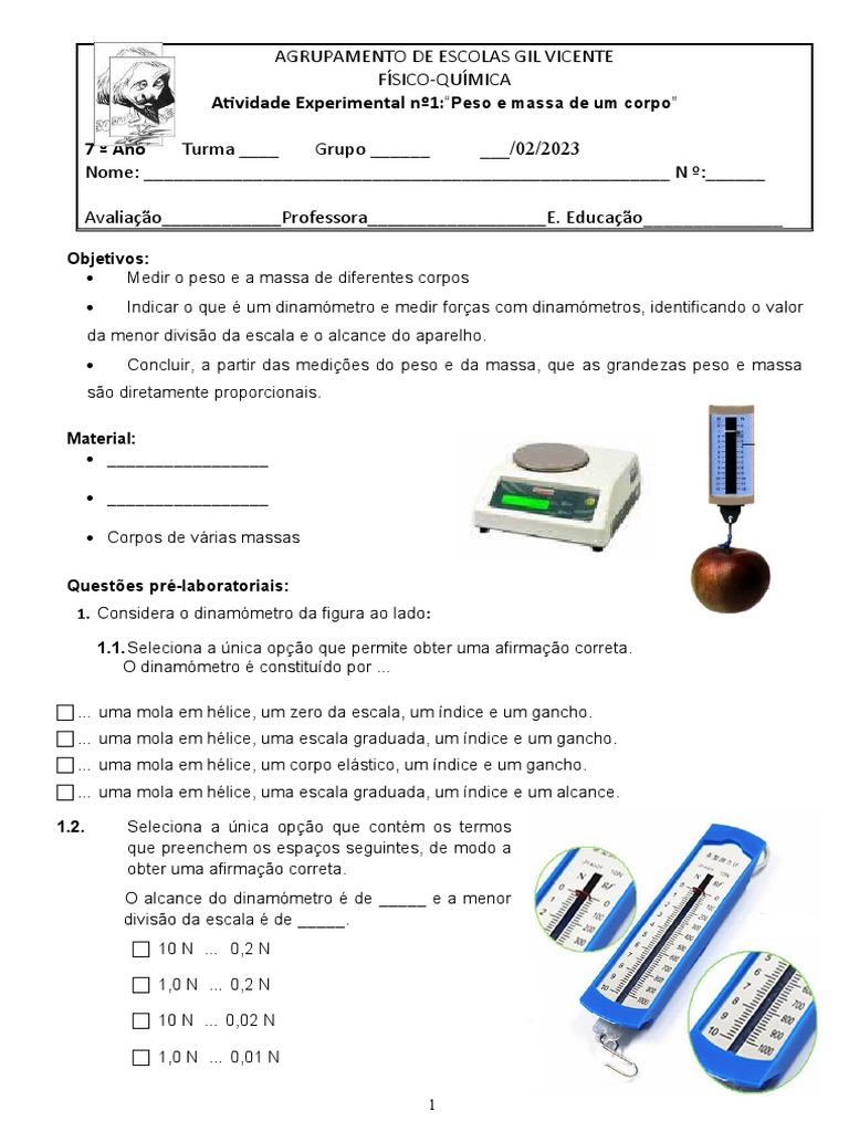 AL1 - 7.º Ano Peso e Massa | PDF | Massa | Natureza
