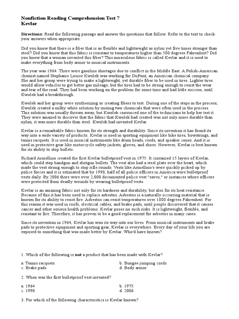 Nonfiction Reading Test 7 Kevlar | PDF | Materials | Equipment