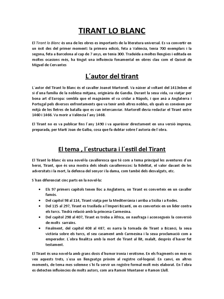 TIRANT LO BLANC Resumen | PDF