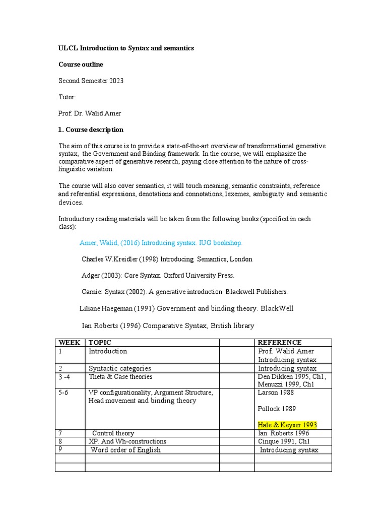 Course Outline of Syntax Semantics 2023 | PDF | Syntax | Noam Chomsky