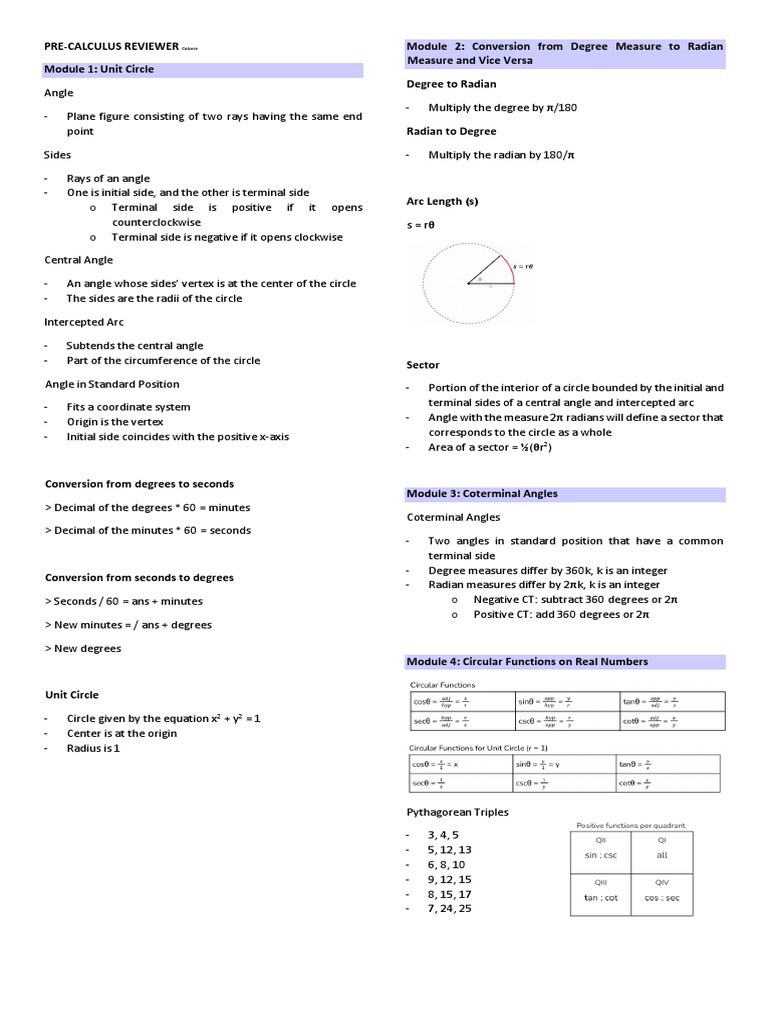 Pre Cal Reviewer | PDF | Trigonometric Functions | Angle