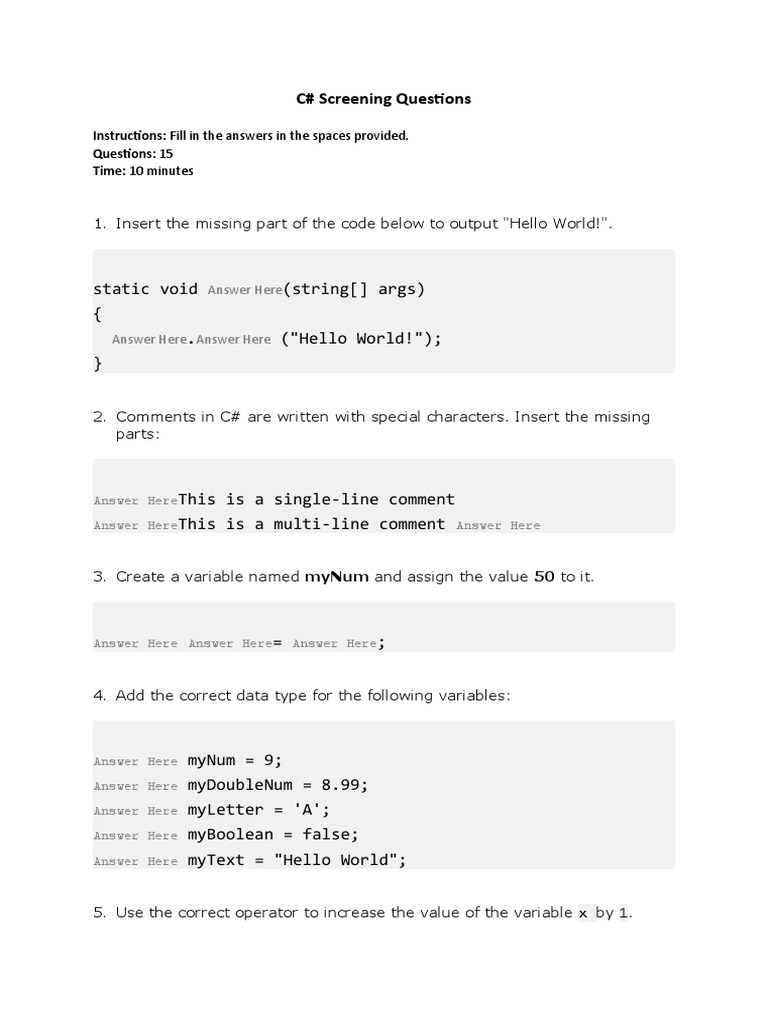 C# Screening Questions | PDF | C Sharp (Programming Language) | String (Computer Science)