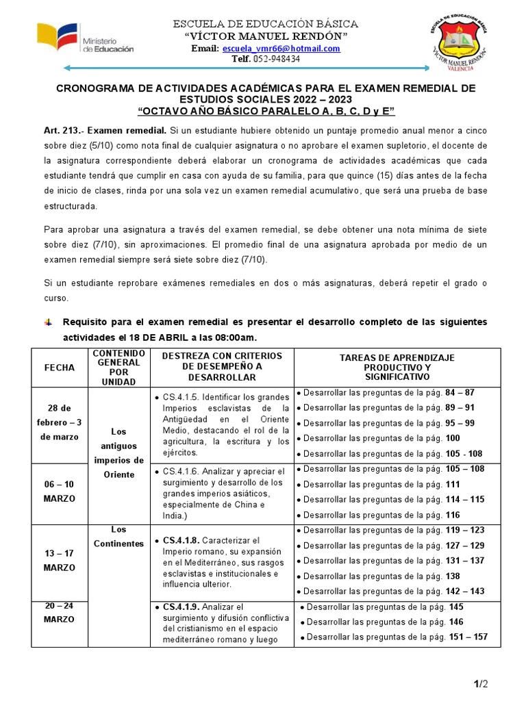 8vo ACTIVIDDS ACADEMICAS PARA EL EXAMEN REMEDIAL EESS | PDF | Pruebas | Etapas educativas