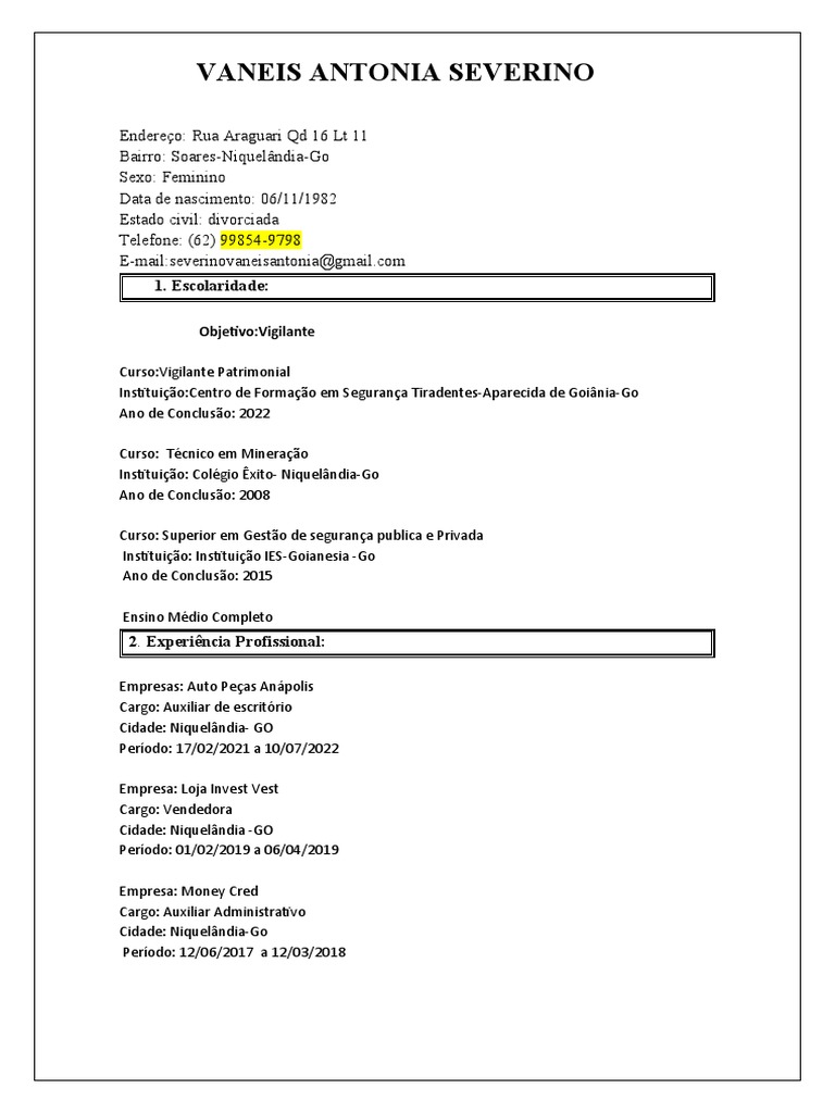 Currículo Vaneis Severino vigilante segurança | PDF