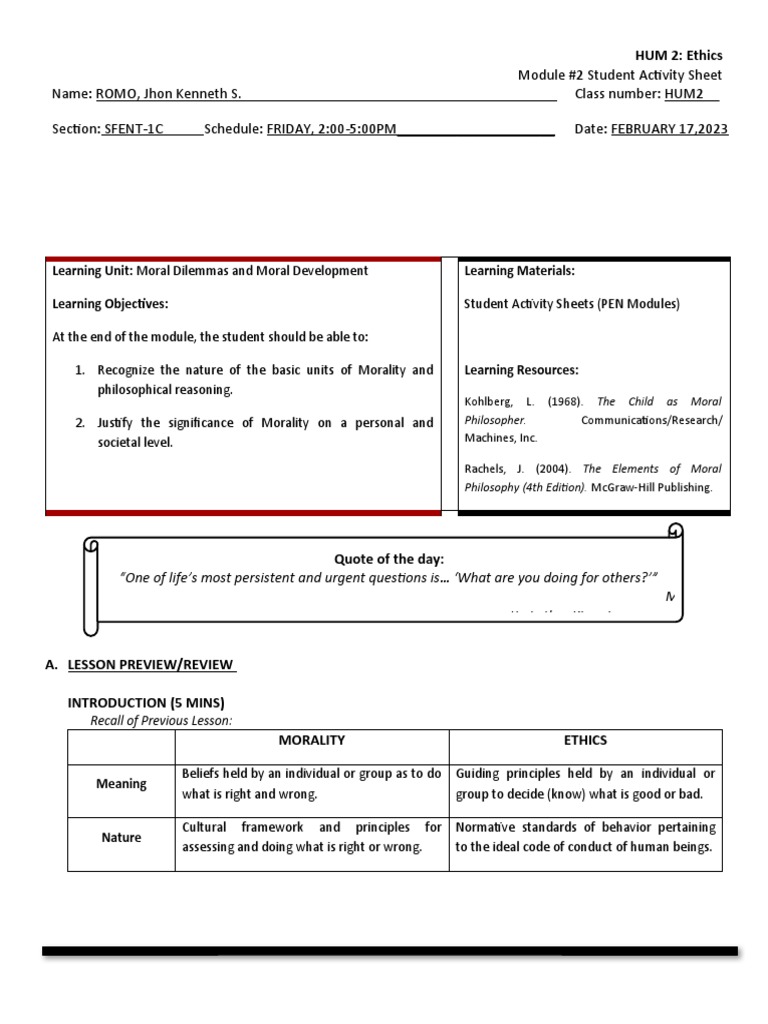 Act2 - Moral Dilemmas and Moral Development | PDF | Morality | Experience