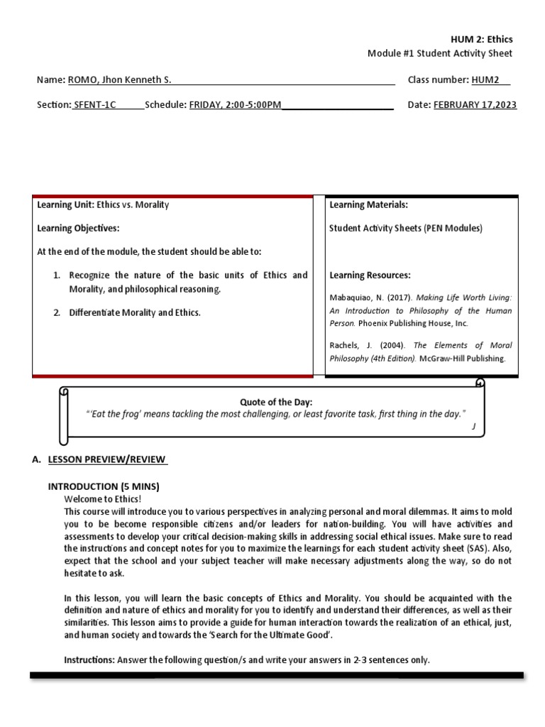 Act1 - Ethics vs. Morality | PDF | Morality | Applied Philosophy