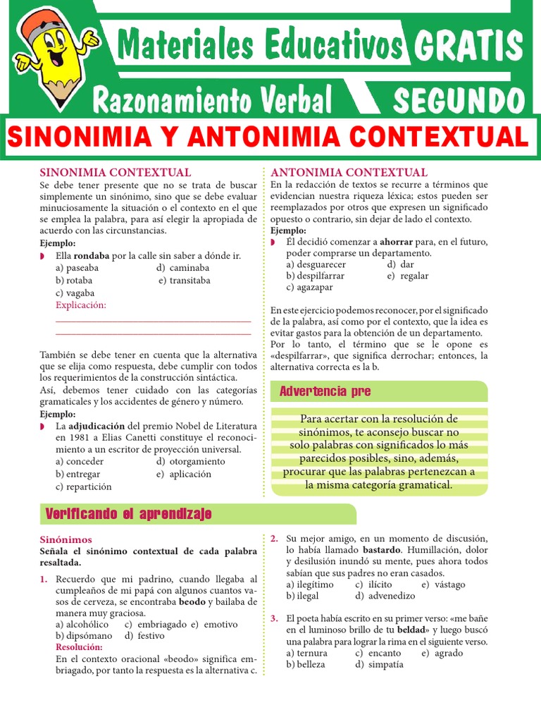 Sinónimos y Antónimos para Segundo Grado de Secundaria | PDF ...