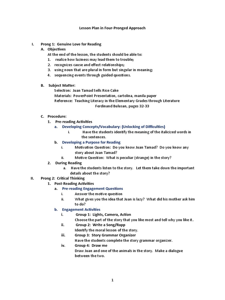 Four-Pronged Lesson Plan Overview | PDF | Plural | Lesson Plan