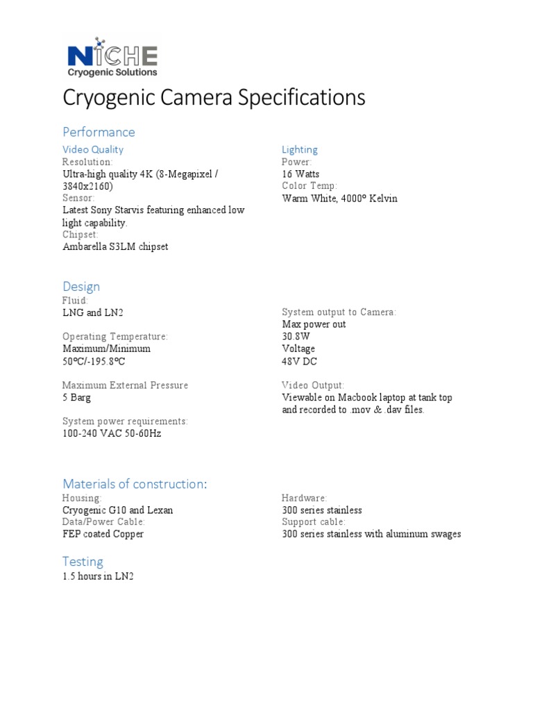 Cryogenic Camera Specifications | PDF