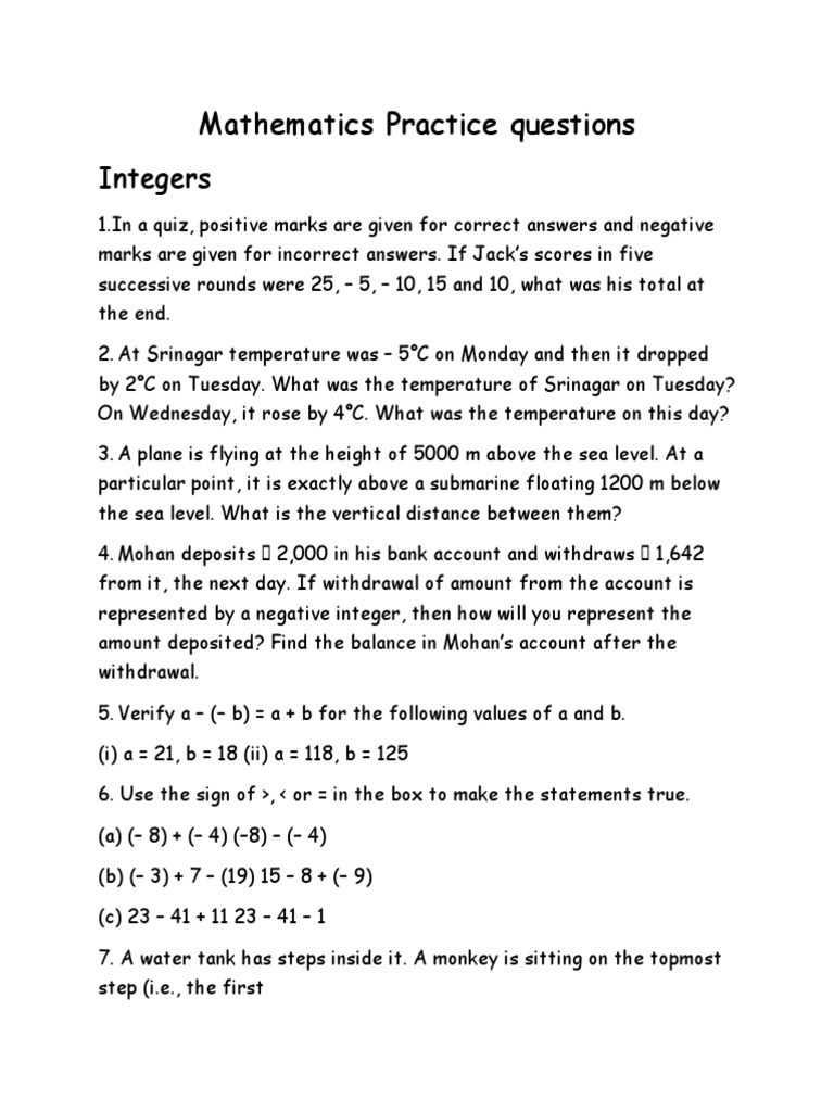 Integers Practice Questions | PDF | Multiplication | Numbers