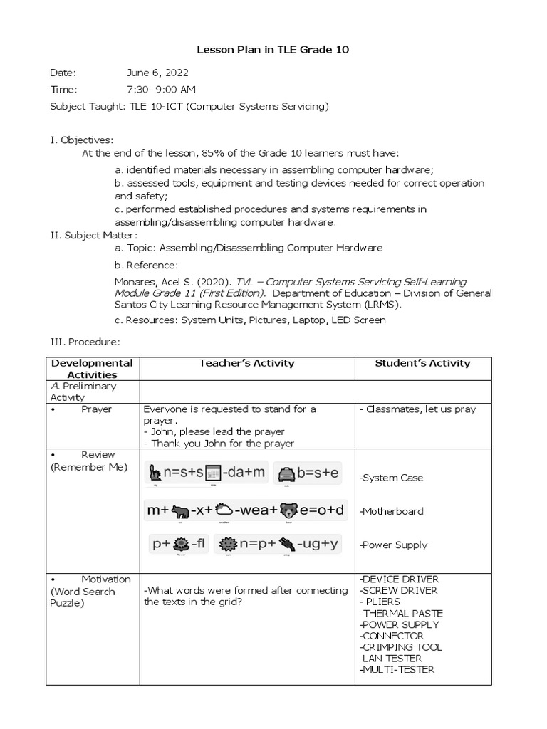 Lesson Plan in TLE Grade 10 | PDF | Computer Hardware | Booting