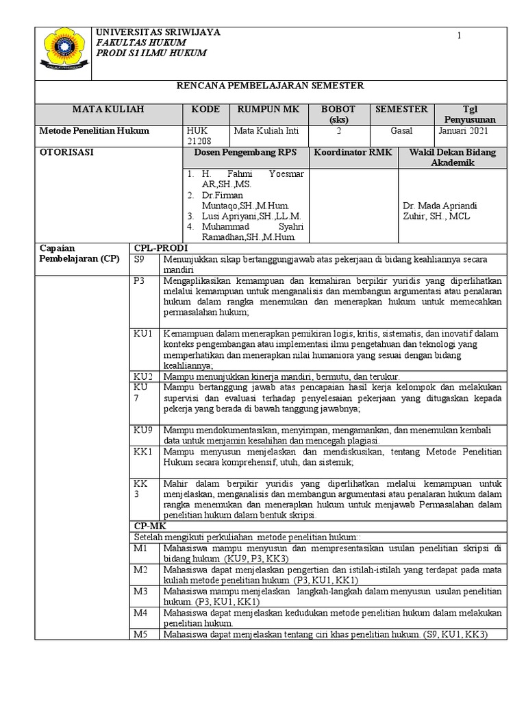 RPS Metode Penelitian Hukum | PDF