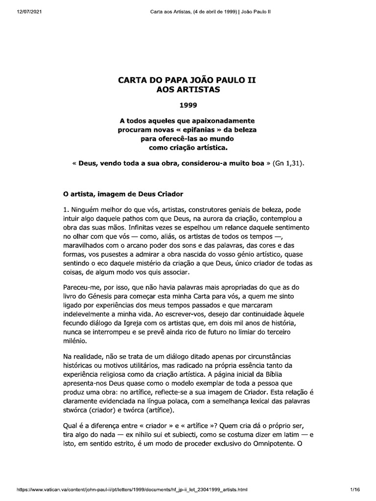 Carta Aos Artistas - Papa João Paulo II - 1999 | PDF