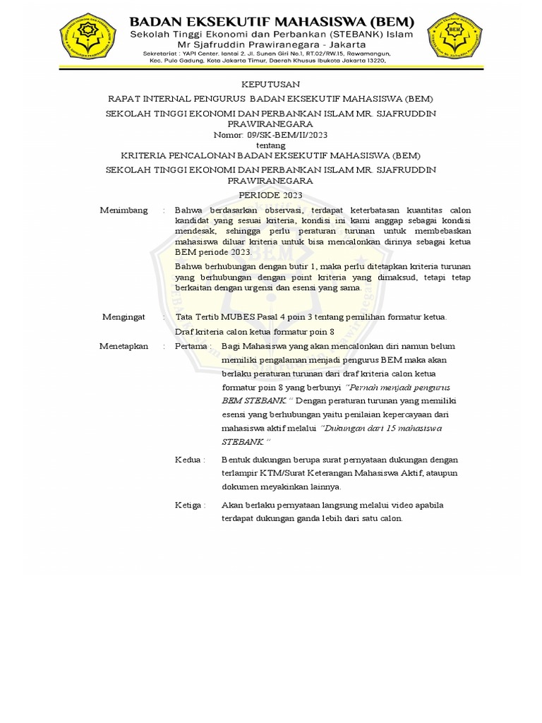 Syarat Calon Ketua BEM STEBANK 2023 | PDF | Karier & Perkembangan | Bisnis