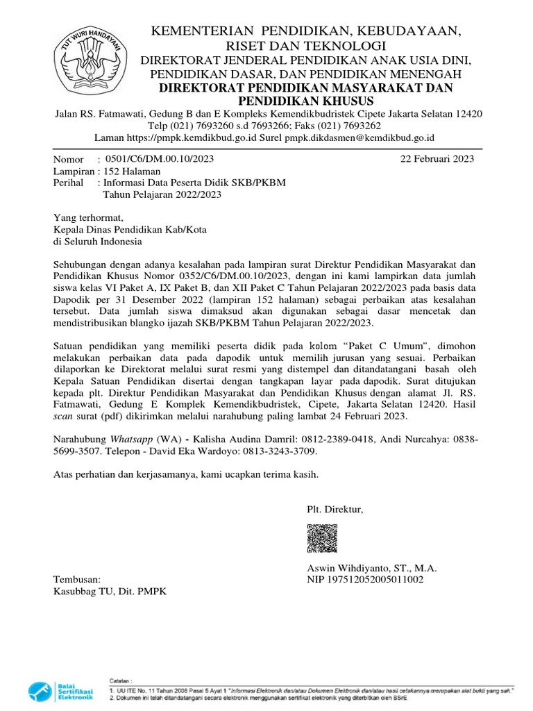 Surat Perbaikan Data SKB PKBM | PDF