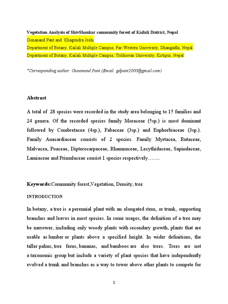 Vegetation Analysis Of The Shivshankar Community Forest A Study Of