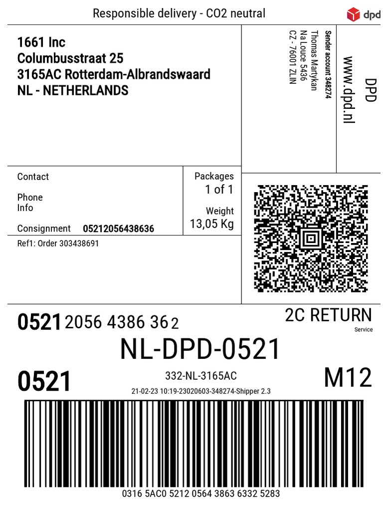 NL-DPD-0521: 2056 4386 36 2C Return | PDF