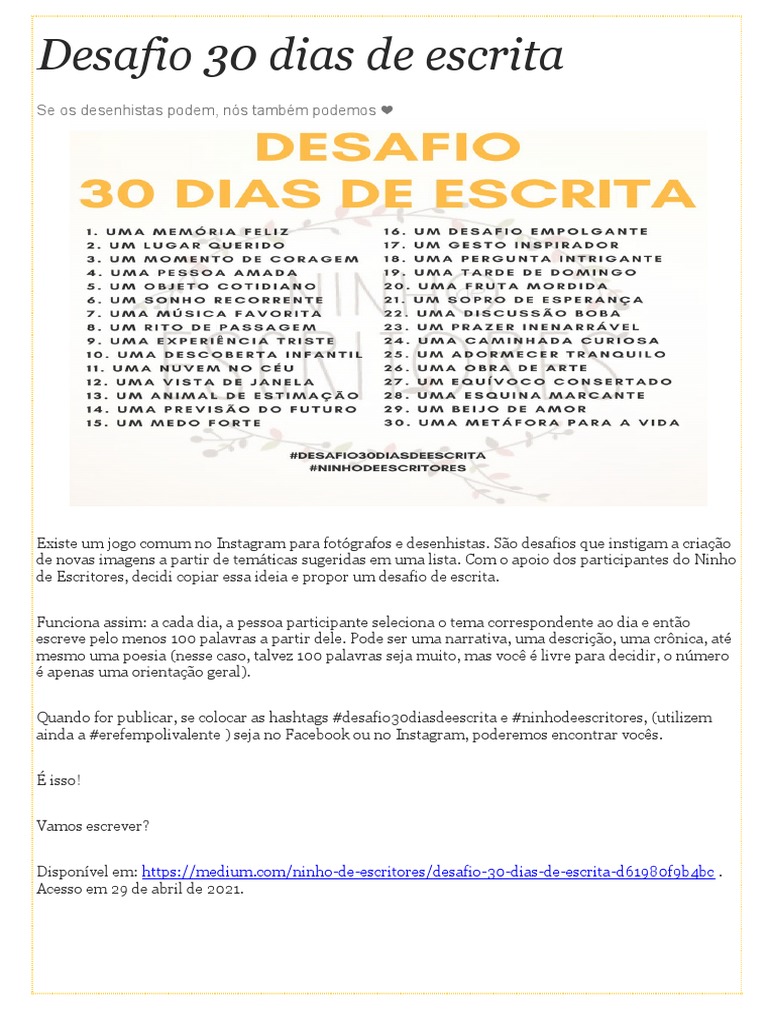 Desafio 30 Dias de Escrita | PDF