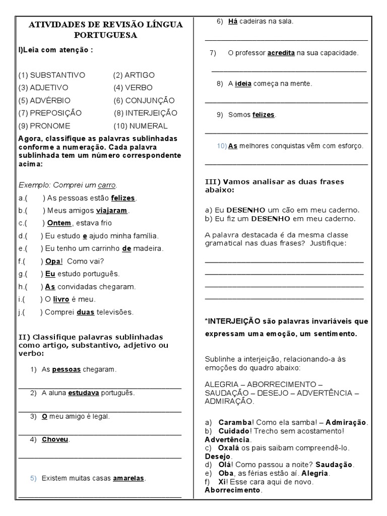 Atividade Revisão-Classes Gramaticais | PDF | Palavra | Adjetivo