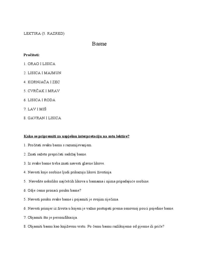 Lektira Za Peti Razred - Basna | PDF