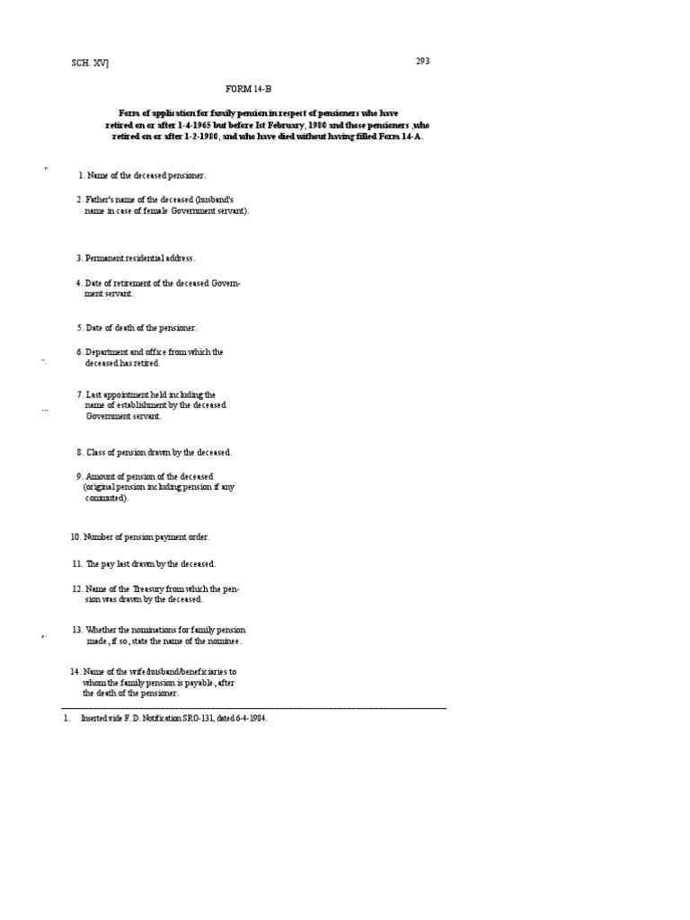 Form 14 B Form For Application of Family Pension in Ro Pensioners Who ...