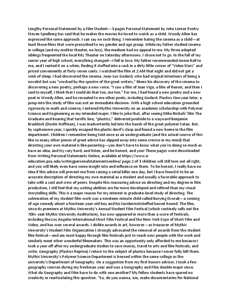 Lengthy Personal Statement by A Film Student | PDF | Geography