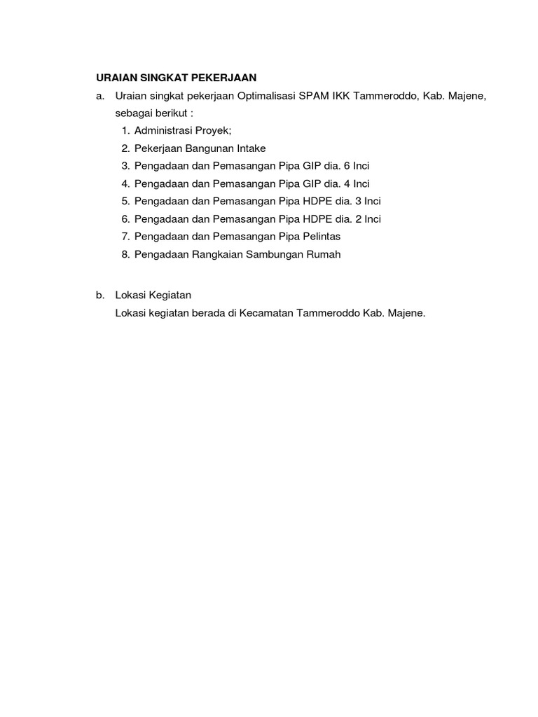 Uraian Singkat Pekerjaan Optimalisasi SPAM IKK Tammeroddo Kab. Majene | PDF