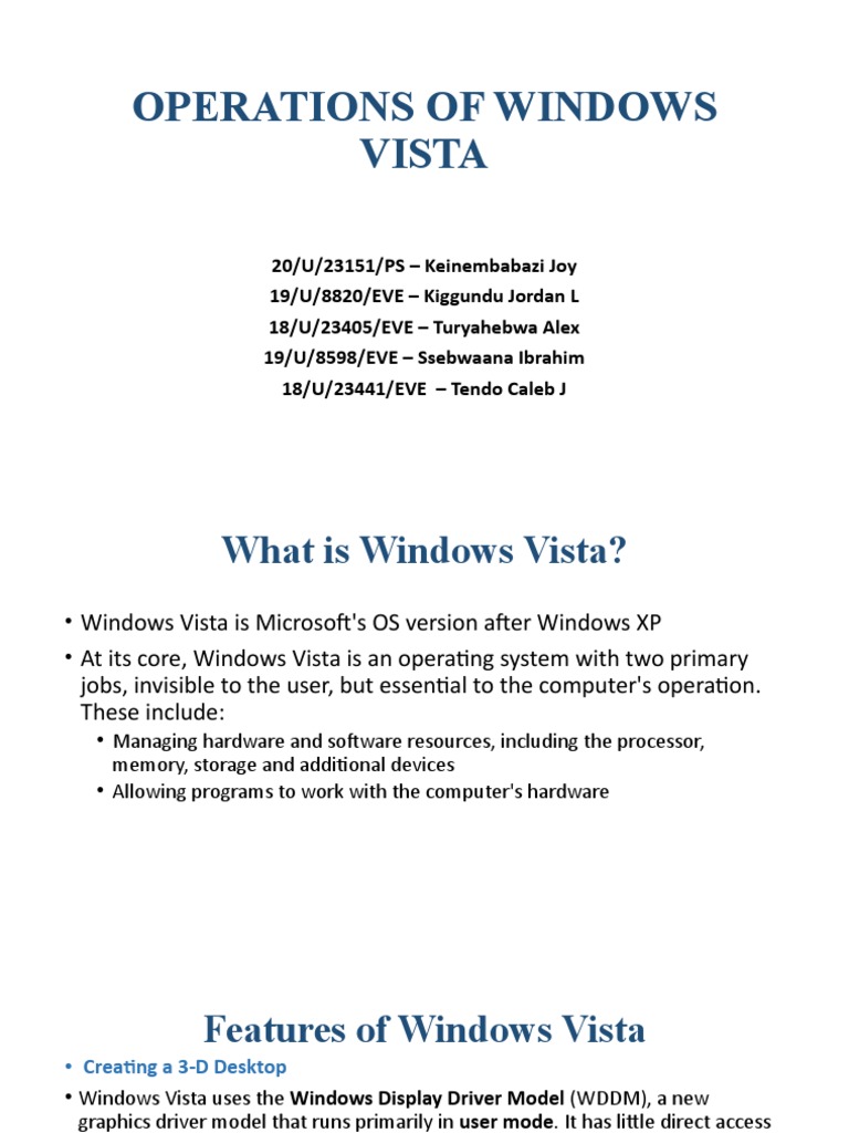 OPERATIONS OF WINDOWS VISTA - Group 23 | PDF | Windows Vista ...