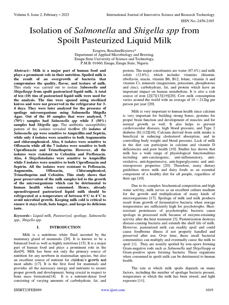 Isolation of Salmonella and Shigella SPP From Spoilt Pasteurized Liquid ...