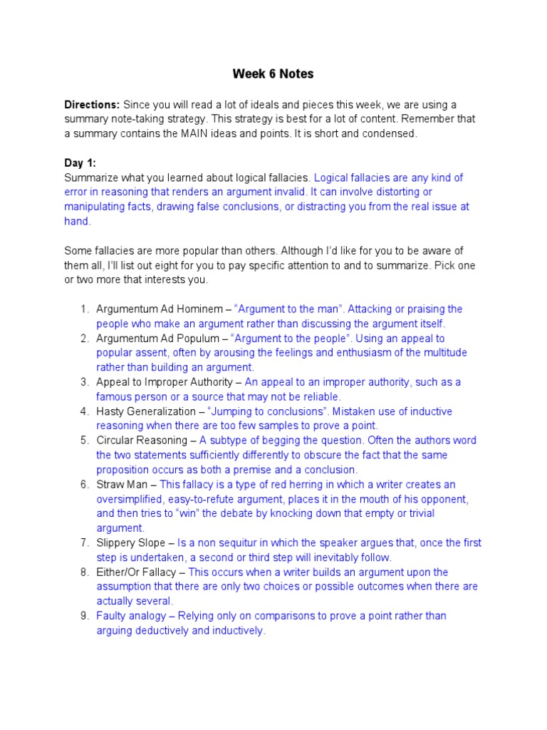 Papa, Angelique ENGL300A Week 6 Notes | PDF | Fallacy | Argument