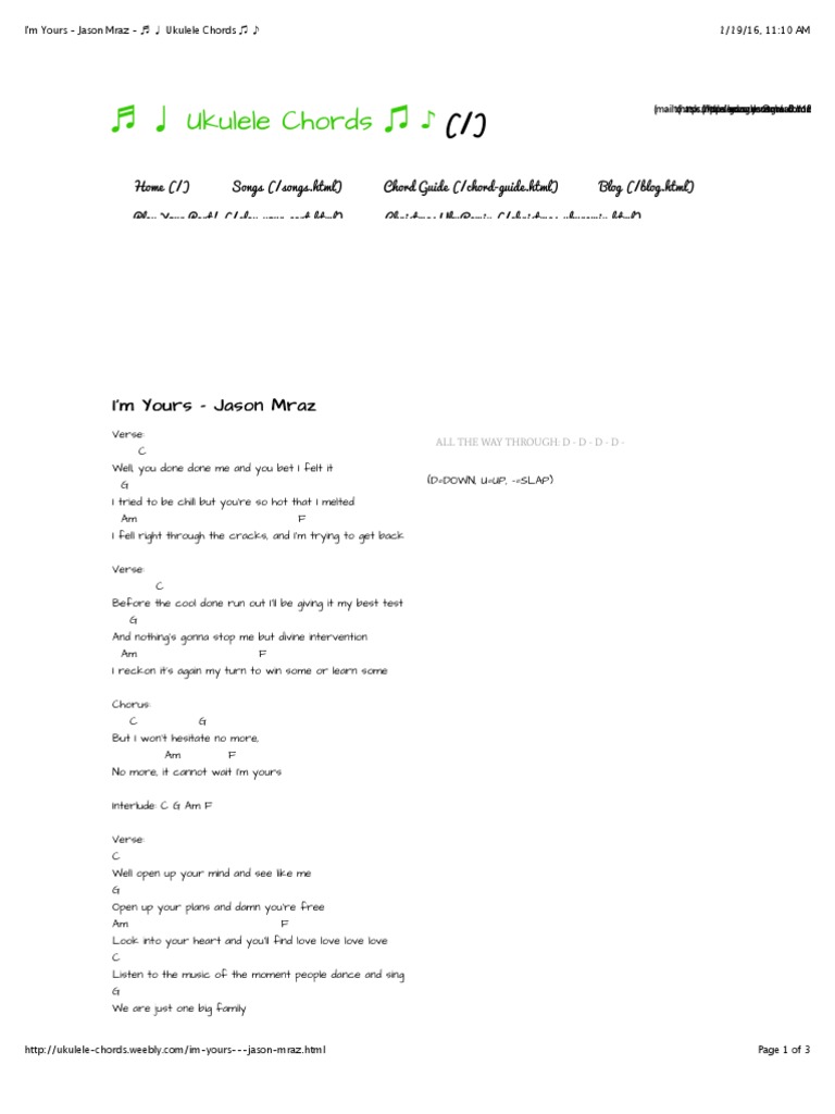 I - M Yours - Jason Mraz - Ukulele Chords | PDF | Song Structure | Songs