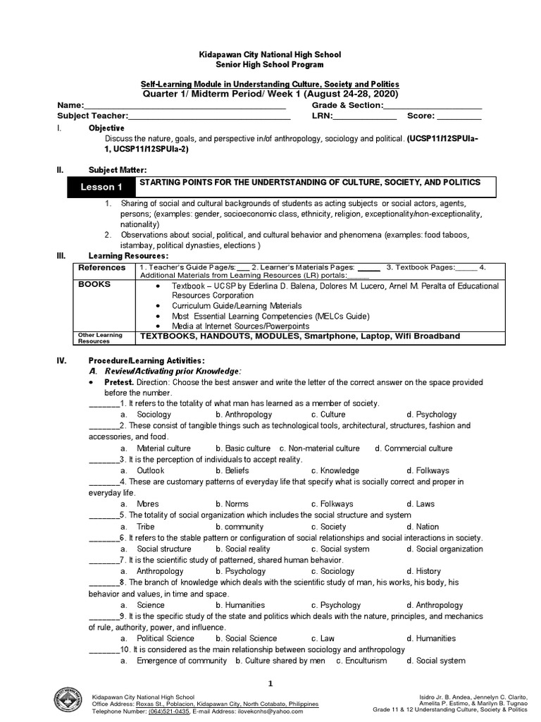 Ucsp Q1-W1 | PDF | Anthropology | Sociology