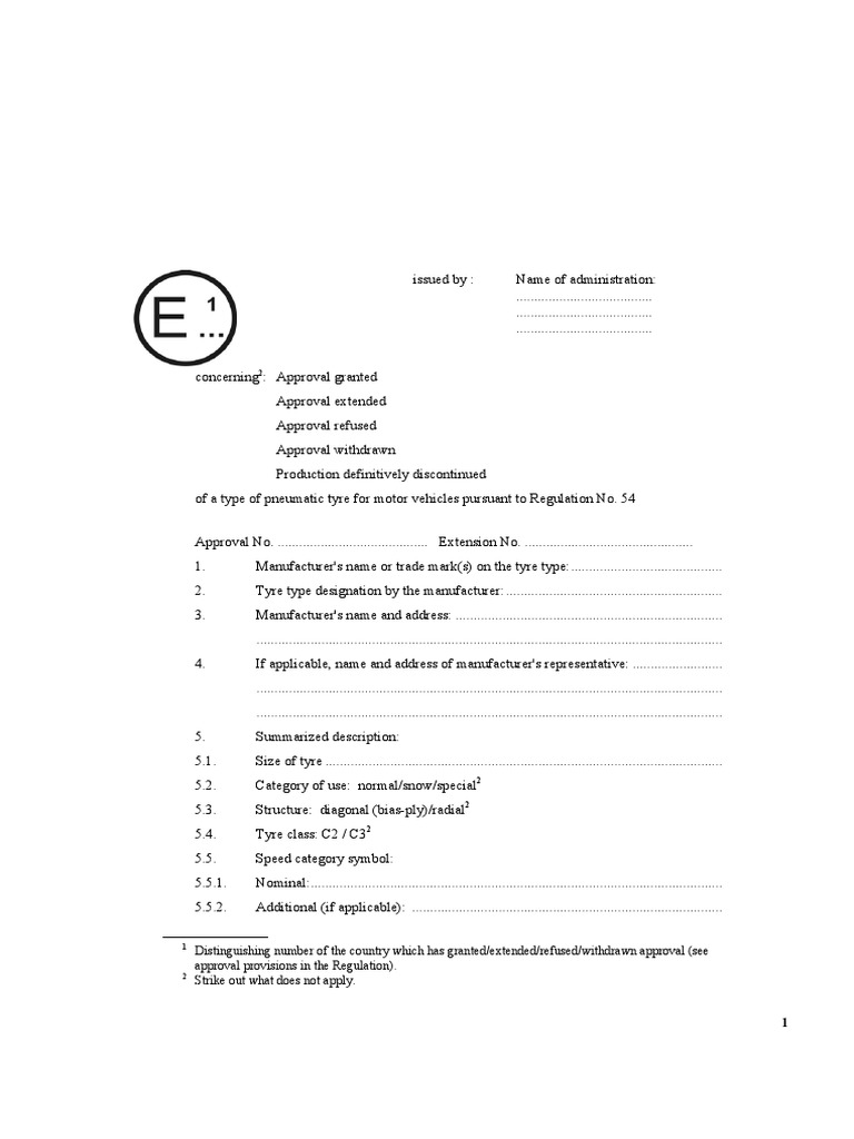 ECE 54 Tyre Approval Document | PDF | Tire
